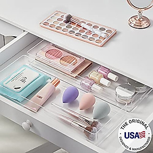 STORi SimpleSort 2-Piece Stackable Clear Drawer Organizer Set | 15" x 6" x 2" Rectangle Trays | Wide Makeup Vanity Storage Bins and Office Desk Drawer Dividers | Made in USA