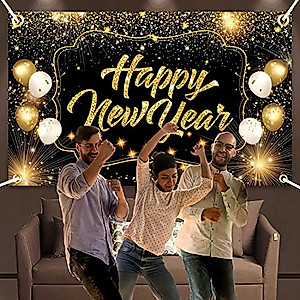 Extra Large Happy New Year Decorations Backdrop, 72x44 Inch New Years Eve Party Supplies Banner, 2023 New Year Photo Props Background Supplies Black Gold Sign Poster