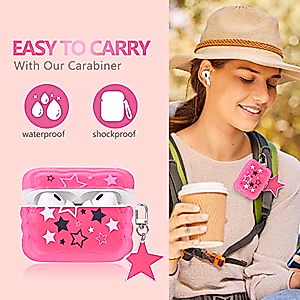 Mainrenka Cute Kawaii AirPod Pro Case Pink Stars Aesthetic Design with Keychain for Girls and Women