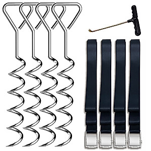Eurmax USA Trampoline Stakes Trampoline Anchors High Wind Heavy Duty Corkscrew Shape Steel Tent Stakes Trampoline Tie Downs Anchor Kit with T Hook for Trampoline - Set of 4 Bonus 4 Strong Belt,Silver