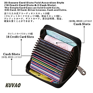 KUVAO RFID Blocking, Leather Credit Card Holder Zipper Wallet With 20 Card Slots, Small Card Case for Women or Men Accordion Wallet with Zipper (Blcak)