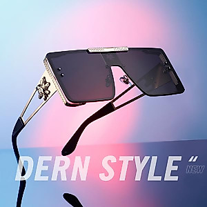 Highyou Oversize Sunglasses Mens Trendy Womens Retro Metal Shades Designer Fashion (Gold frame/black lenses)