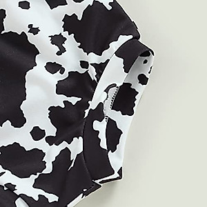 TheFound Summer Toddler Girls Clothes Short Sleeve Bull Print Tops Elastic Waist Short Headband Casual Cute Outfits (Beige, 12-18 Months)