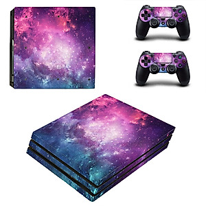 FOTTCZ Full Body Purple Cosmic Nebular Protective Vinyl Skin Decal for PS4 Pro Console and 2PCS PS4 Pro Controller Skins Stickers