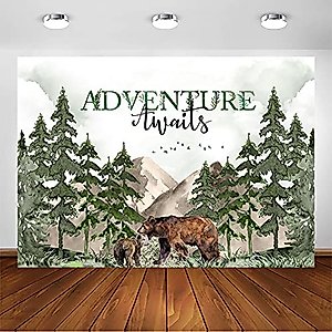 Avezano Adventure Awaits Baby Shower Backdrop Mountain Wilderness Woodland Baby Shower Decorations Photography Background Watercolor Greenery Forest Party Photoshoot Backdrops (7x5ft)
