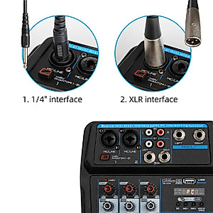 Depusheng U4 Portable Mini Mixer 4 Channel Audio DJ Console with Sound Card, USB, 48V Phantom Power for PC Recording Singing Webcast Party