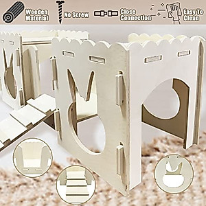 kathson Wooden Rabbit Castle Small Animals Hideout Bunny Playhouse Tunnel with Bridge Windows Spacious and Breathable Indoor Castle for Bunnies, Cat, Guinea Pig