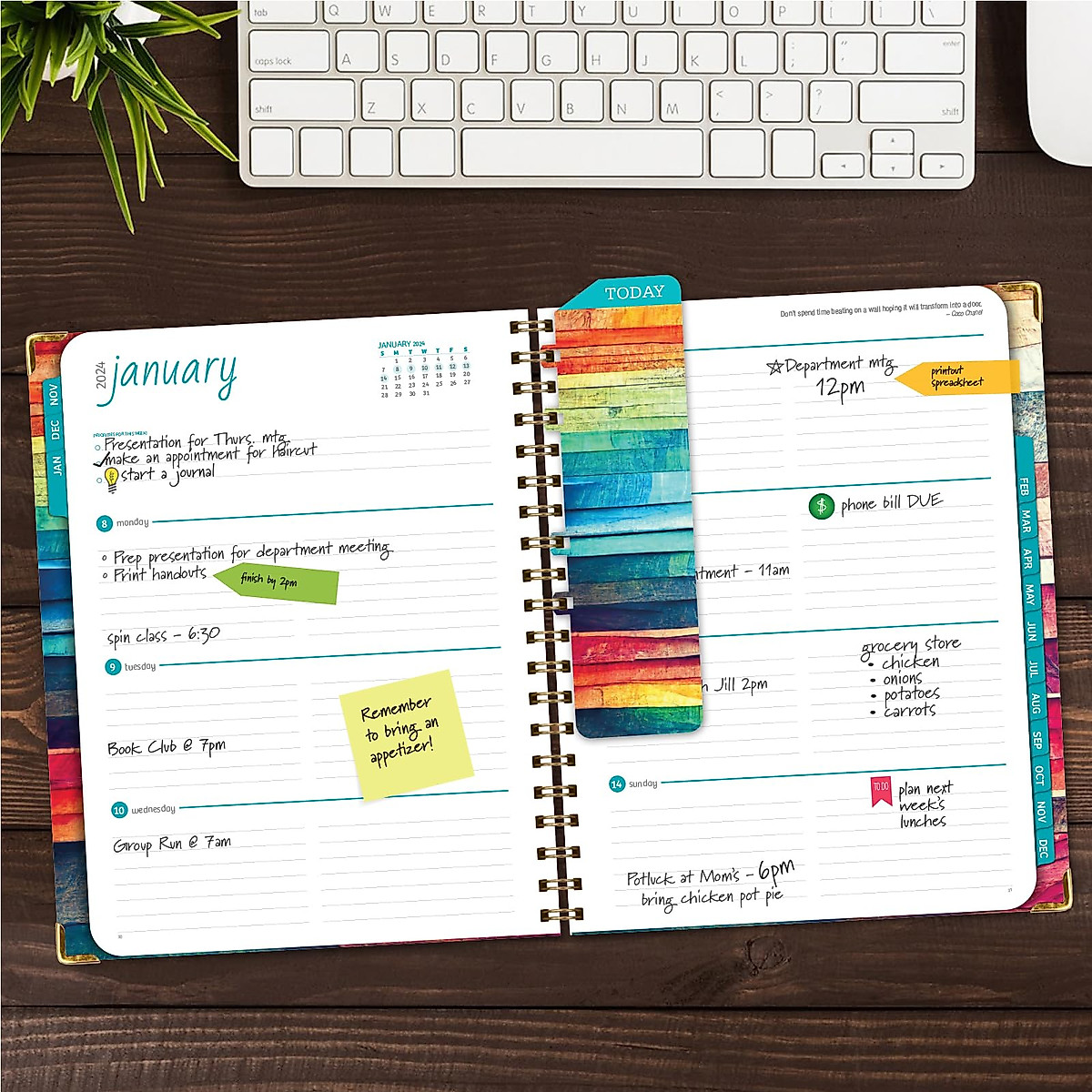 Global Printed Products, HARDCOVER 2024 Planner: (November 2023 Through December 2024) 8.5"x11" Daily Weekly Monthly Planner Yearly Agenda Bookmark, Pocket Folder & Sticky Note Set (Rainbow Oak)