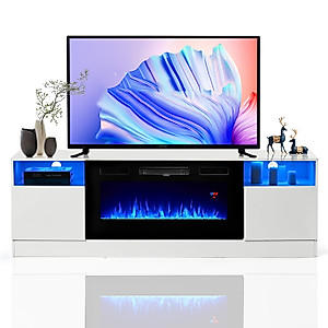 Breezestival Fireplace TV Stand with 36" Electric Fireplace,Entertainment Center with LED Light, Modern Wood Texture with Highlight Storage Cabinet for TVs Up to 80", 70 inches,White