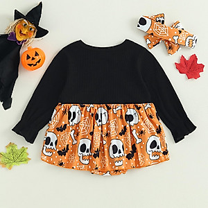 Faithtur Newborn Girl Clothes Cute Long Sleeve Patchwork Baby Girl Halloween Outfit Gothic Skull Romper Dress Baby Girl Gift (A-Black, 3-6 Months)