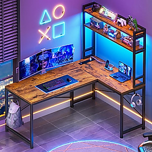 SEDETA L Shaped Desk with Hutch, 45.3” Reversible Home Office Desk, L Shaped Gaming Desk with LED Lights, Power Outlet, Storage Shelves and Hooks for Small Space, Rustic Brown