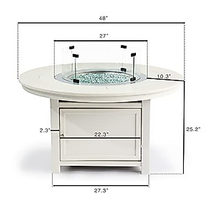 25"(H) x 48"(W) Round Poly FirePit Table in White with Glass Flame-Wind Guard Set