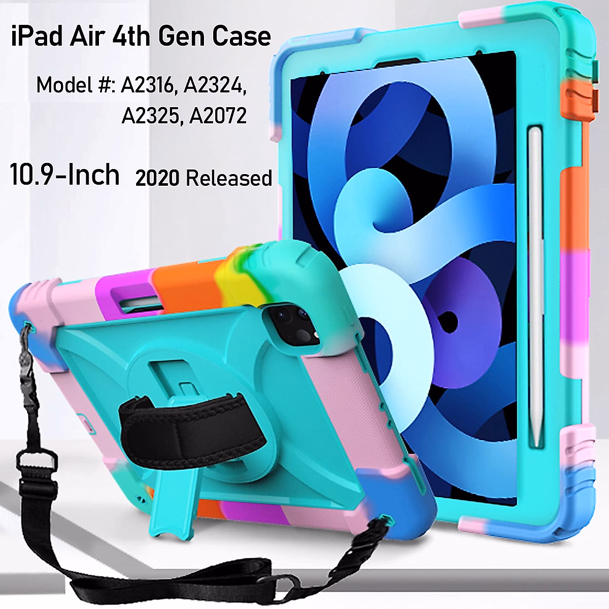 LTROP Case for iPad Air 5th/4th Generation 10.9 Inch(2022/2020),iPad Air 5/4 Case, iPad Pro 11 Case 2021/2020/2018,Pencil Holder/Swivel Stand/Shoulder Hand Strap Case for iPad 10.9 & Pro 11, Aqua Teal