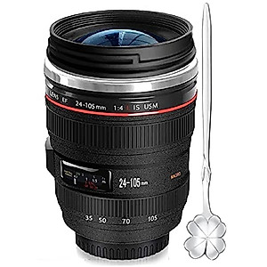 DEEXITO Camera Lens Coffee Mugs,Stainless Steel Lens Cups with Four-leaf Clover Spoon,Ideal Gifts for Photographers Sweeties Men Women Birthday Xmas