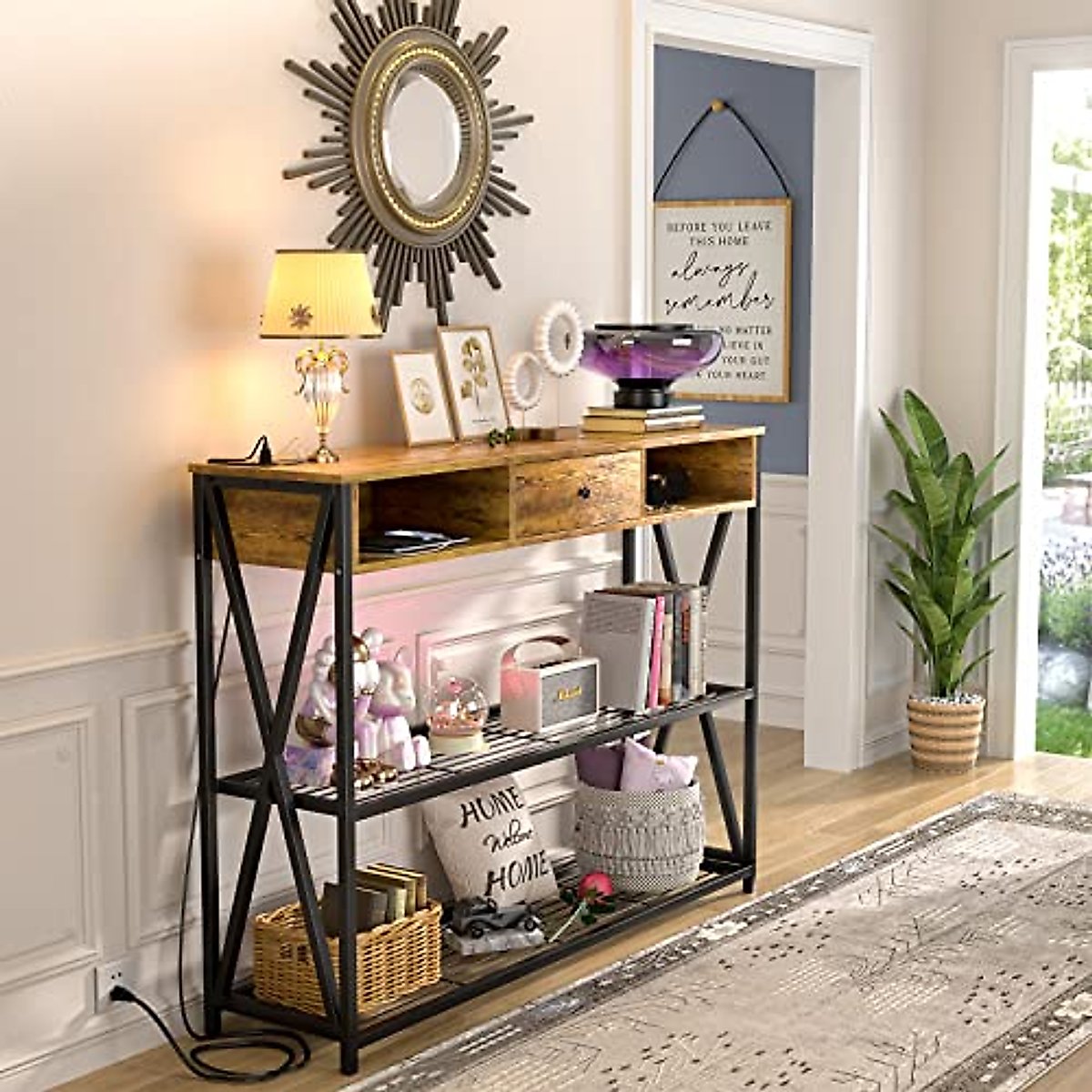 armocity Console Table with Outlets, Entryway Table for Entry, 47 Inch Sofa Table with Drawers, Long Hallway Table, Industrial Behind Couch Table for Entryway, Sofa Couch, Entrance, Hallway, Rustic