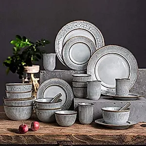 GagalU Tabletop Dinner SetsDinner Set,38-Piece Ceramic Dinnerware Sets Retro Glaze Porcelain Plates Bowls and Cups Service for 6 People