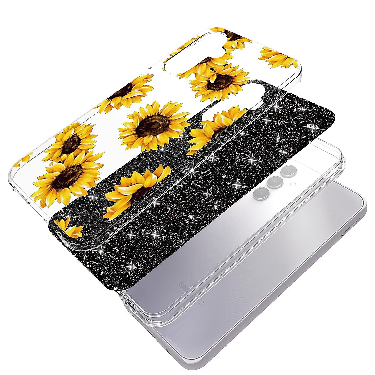 DDTKZC for Samsung Galaxy A14 5G Case,Samsung A14 5G Phone Case, Tempered Glass Protector Lustre Pattern-Sparkle 2 in 1 Clear Shockproof Case (Yellow Sunflower, for Samsung Galaxy A14 5G)