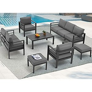 AECOJOY Aluminum Modern Patio Furniture with Coffee Table, 7 Pieces Outdoor Conversation Set with Dark Grey Cushions for Balcony, Porch, Lawn and More