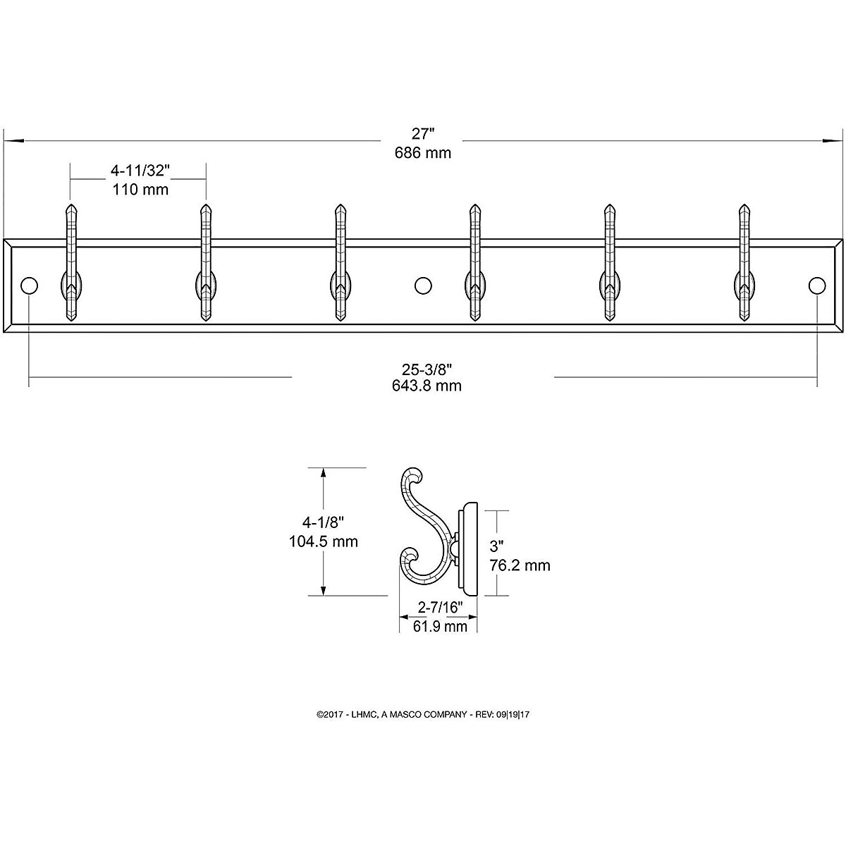 LIBERTY 165541 Wall Mounted Coat Rack with 6 Decorative Hooks, 27 Inch, Soft Iron and Cocoa