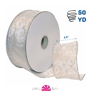 Morex Ribbon 7416.60/50-701 Swirl 2.5" X 50 YD Nylon Sheer Wired Glitter Ribbon, White/Silver, Holiday Ribbons for Crafts and Christmas Decorations, Indoor Christmas Ribbon for Gift Wrapping
