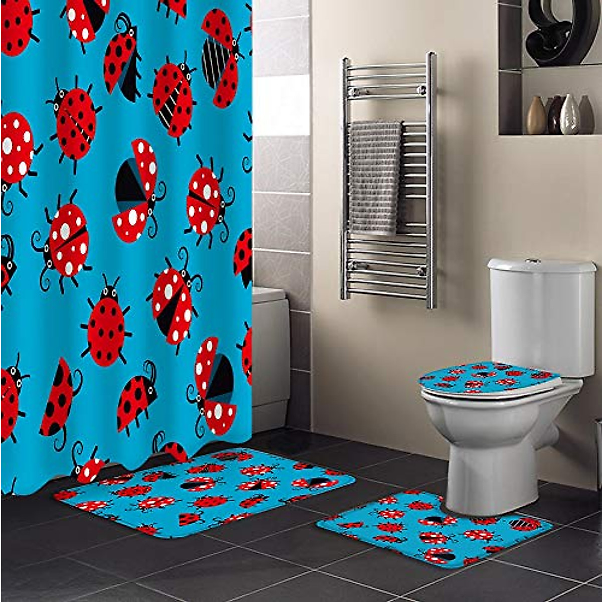 4 Piece Shower Curtain Sets Cute Ladybug Red Black Carapace Insect Dense Animal Blue Non-Slip Rug, Toilet Lid Cover, Bath Mat Waterproof Shower Curtain Bathroom Sets with 12 Hooks Bath Decor