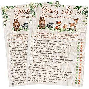 Printed Party Baby Shower Games – Guess Who Mommy or Daddy Game for Boy or Girl, Woodland Forest Animals Theme, 50 Cards