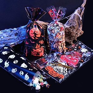 JMANNI Halloween Cellophane Treat Bags, 120pcs Halloween Plastic Clear Candy Bags, Candy Bags Bats Pumpkin and Spider Halloween Goody Bags with Twist Ties for Kids Trick or Treat, Halloween Party