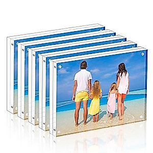 Meetu Acrylic Picture Frame 4x6,Clear Freestanding Double Sided 20mm Thickness Frameless Magnetic Photo Frames Desktop Display with Gift Box Package(5 Pack)
