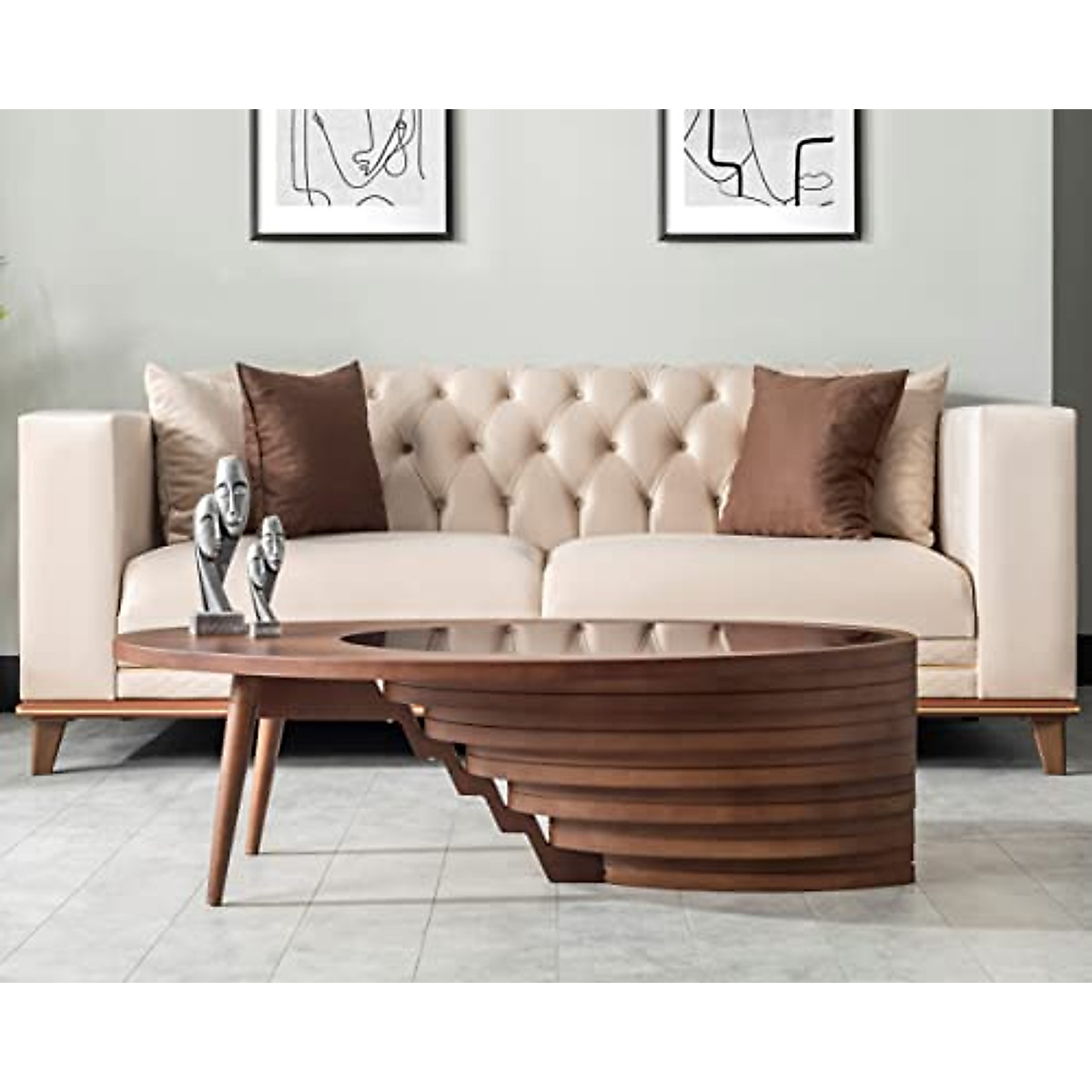 by Papella Design, Natural Walnut Veener Coffee Tables for Living Room, Rustic Table, Mesa De Centro para Sala, Center Table, Glass Table top, Walnut Color, (Drop)