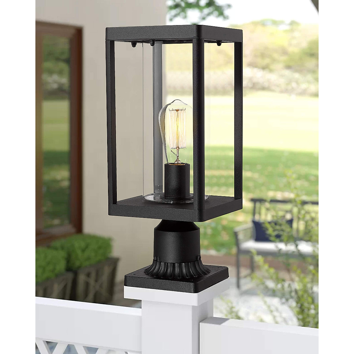 Beionxii Outdoor Post Lantern, 20inch Large Modern Lamp Post Light Fixture Exterior Pillar Lights with Pier Mount Base, Black Cast Aluminum w/Clear Cylinder Glass - A291P-2PK