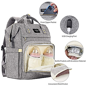 Diaper Bag Backpack Nappy Bags for Mom and Dad Diaper Bag with USB Charging Port Stroller Straps Thermal Pockets,Water Resistant, New Gray