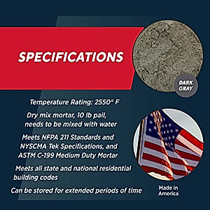 Rutland Dry Mix 211 Refractory Mortar, Masonry & Fire Brick Cement, No Heat Cure Required, Dark Gray, 2550F, 10 lb Pail
