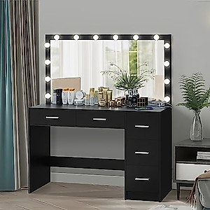 usikey 47.2" Large Vanity Desk with Large Lighted Mirror, 14 Lights, Makeup Vanity Table with 5 Large Drawers & Charging Station, Makeup Vanity Desk, Vanity Table Set for Bedroom, Black