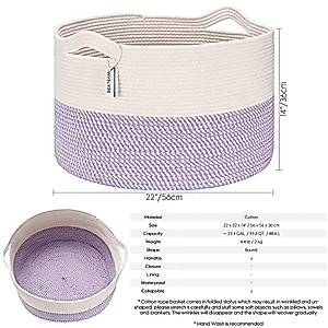 Sea Team XXXL Cotton Rope Basket, Large Woven Nursery Storage Bin, Laundry Hamper, Jumbo Blanket Basket for Rugs, Cushions, Pillows, Toys Organizer, 22 x 14 Inches, White & Mottled Lavender
