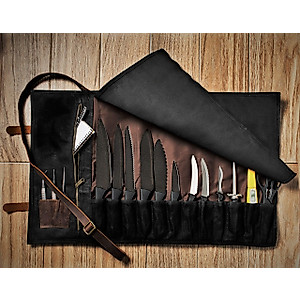 Asaya Waxed Canvas Knife Roll - 15 Knife Slots, Card Holder and Large Zippered Pocket - Genuine Leather, Cloth and Brass Buckles - for Chefs and Culinary Students - Knives Not Included