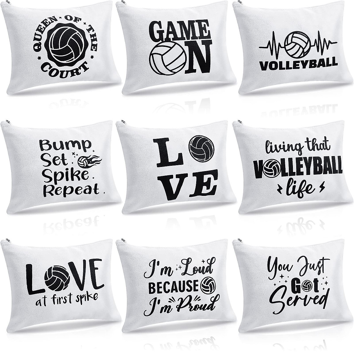 9 Pieces Volleyball Makeup Bags Canvas Cosmetic Bags with Words Volleyball Makeup Case Portable Travel Storage Case Volleyball Pouch Toiletry Bag with Zipper for Women Players Teams(White Base)