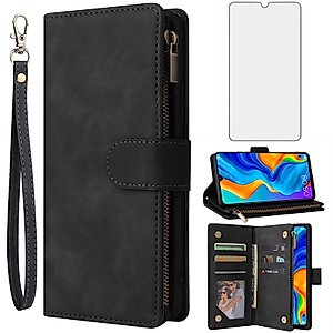 Asuwish Compatible with Huawei P30 Lite Wallet Case Tempered Glass Screen Protector and Leather Flip Cover Card Holder Stand Cell Accessories Phone Cases for Hawaii P30Lite P 30 30Lite Women Men Black