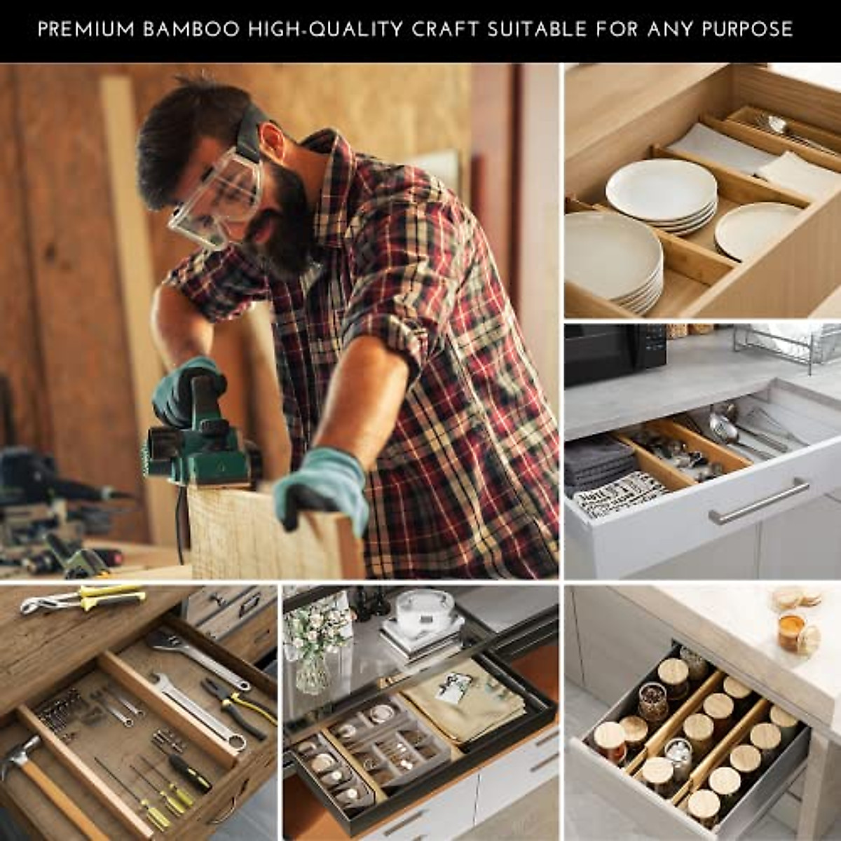 Expandable Bamboo Drawer Dividers 8 pack(17.5"-22")Drawer Organizer for Kitchen Organization,Clothes,Utensils,Silverware,Dressers,Office,Desk,Bathroom,Bedroom,Spring Loaded Adjustable Deep Separators