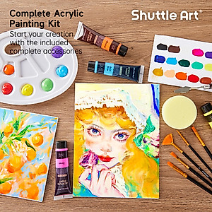 48 Pack Acrylic Paint Set, Shuttle Art 30 Colors Acrylic Paint (36ml) with 10 Brushes 5 Canvas 1 Paint Knife 1 Palette 1 Sponge, Complete Set for Kids, Adults Painting on Canvas Rocks Wood Ceramic