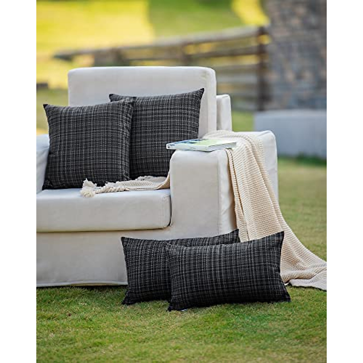 HPUK Farmhouse Outdoor Waterproof Throw Pillow Covers Pack of 2, 12x20 Inch Decorative Garden Cushion Covers for Patio Tent Balcony Bench Tent Couch Sofa, Solid Accent Pillow Covers, Black