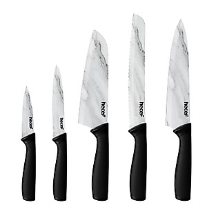 hecef Kitchen Knife Set with Marble Pattern, Non-stick Ceramic Coated Stainless Steel Blades with Protective Sheaths, Professional Chef Knife Set for Kitchen, Restaurant, Camping and Home