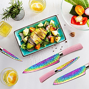 Rainbow Kitchen Knife Set Non Stick Knives with Wood Storage, Serrated Steak Knife, Chef Knife, Scissors with Built-in Sharpener, 14Pcs Ultra-Sharp Cutlery Block Sets for Home & Pro Use Best Gift