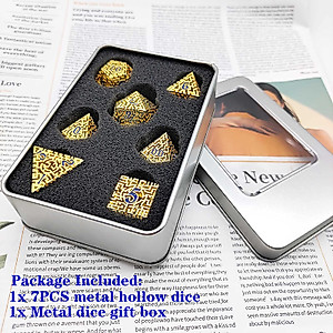 DND Dice Set D&D Metal Dungeons and Dragons Hollow Dice Tabletop Games Polyhedral Pathfinder Multi Sided Roleplaying RPG MTG 7 Board Accessories Gifts D4 D6 D8 D10 D12 D20 (Golden Blue)