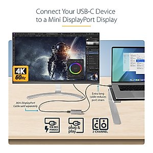 StarTech.com USB C to Mini DisplayPort Adapter, 4K 60Hz USB Type C to mDP/Mini DP Monitor Video Converter Dongle, Thunderbolt 3 Compatible, 12" Attached Cable, Upgraded Version of CDP2MDP (CDP2MDPEC)
