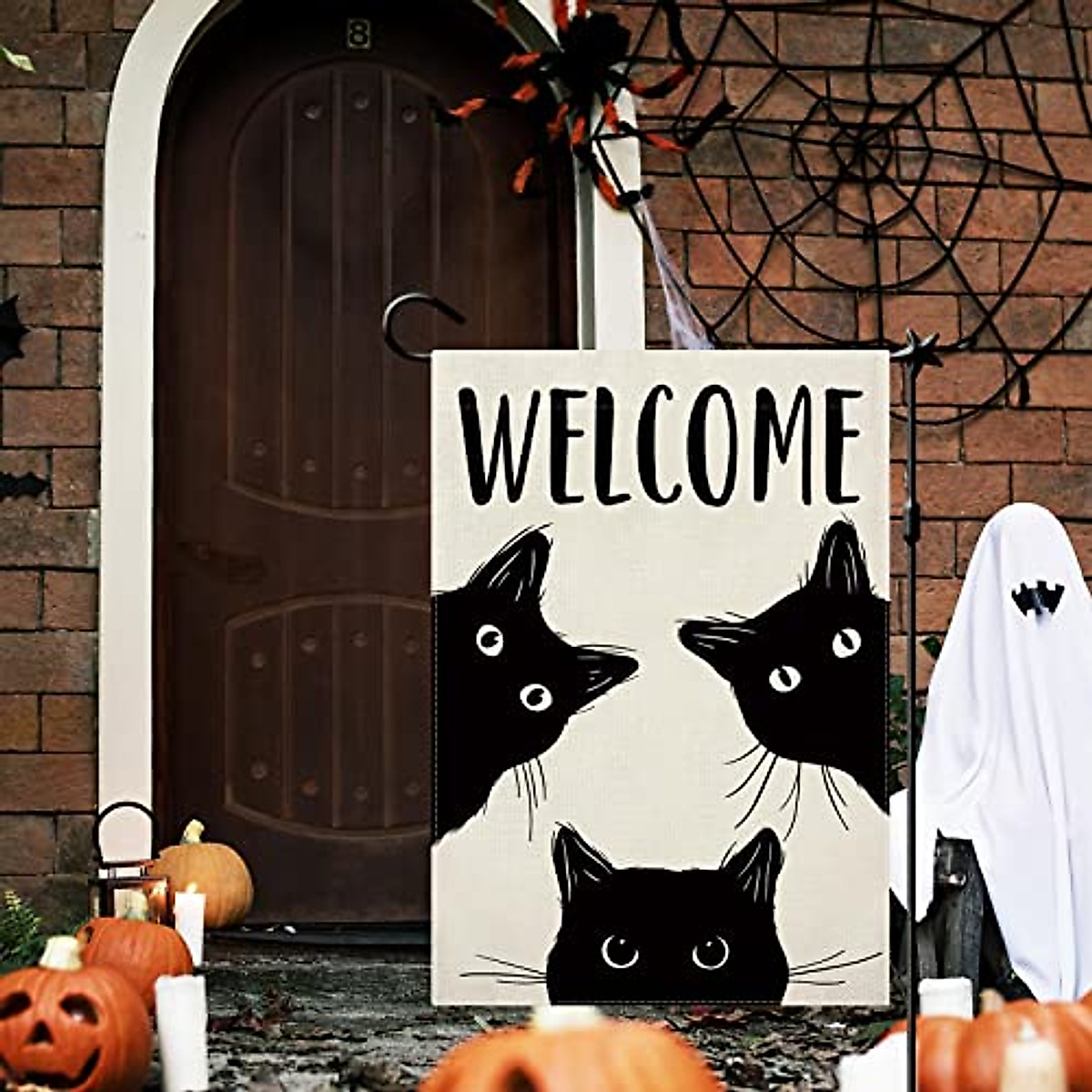 CMEGKE Black Cat Garden Flag Cat Flag Welcome Garden Flag Halloween Yard Flag Double Sided Burlap Holiday Halloween Farmhouse Home Outdoor Yard Decor Black Cat Halloween Decor 12.5 x 18 In
