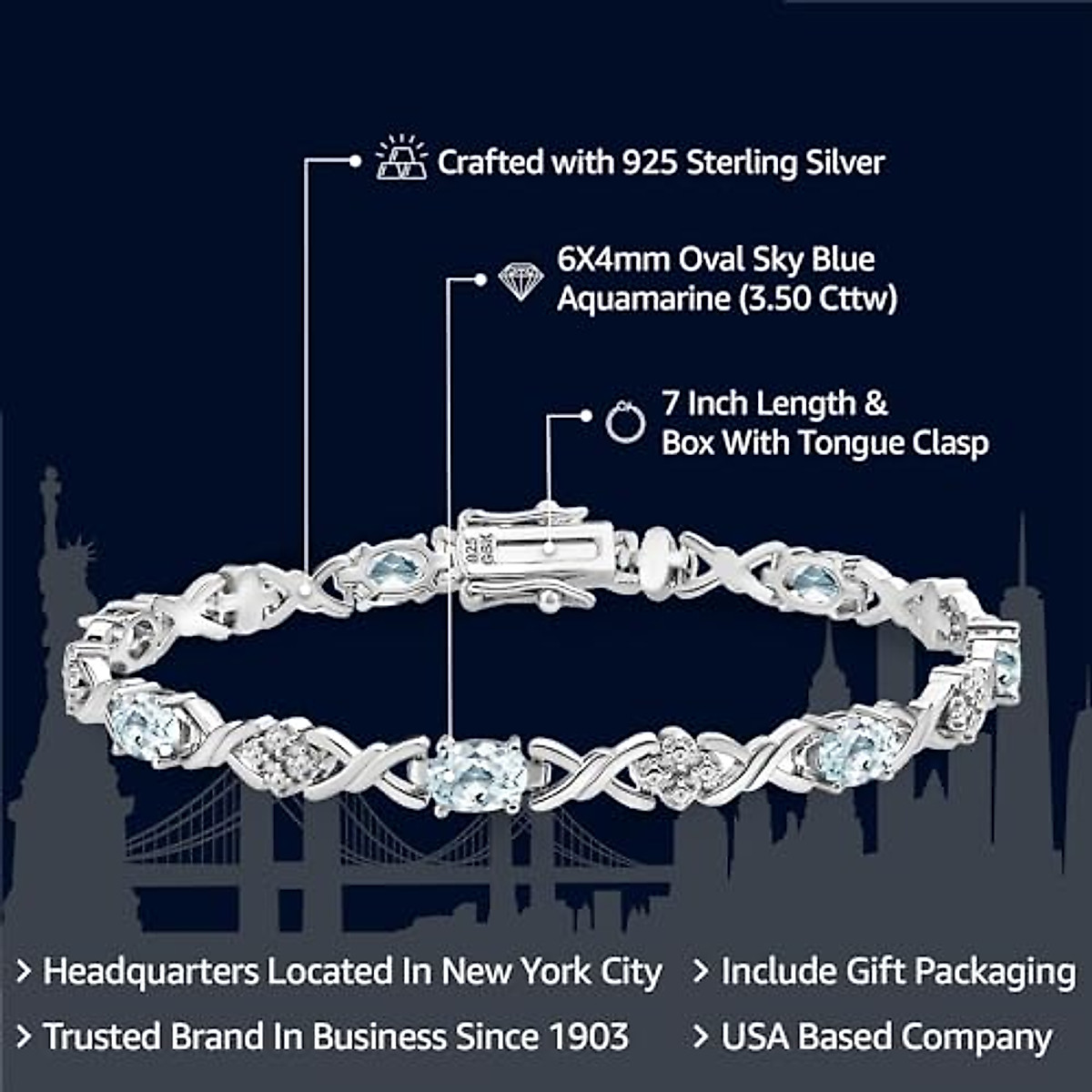 Gem Stone King 925 Sterling Silver Sky Blue Aquamarine Tennis Bracelet For Women (3.50 Cttw, Gemstone March Birthstone, Oval 6X4MM, 7 Inch)