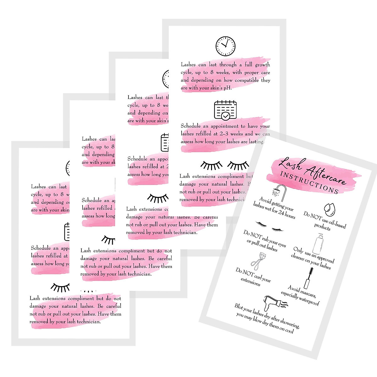 Lash Extension Aftercare Instructions Cards | 50 Pack | Double Sided Size 3.5 x 2" inches After Care (2-3 Week Fillers) | White with Pink Watercolor Design