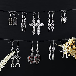 KURTCB Gothic Punk Vintage Earrings Set Grunge Y2k Jewelry Fairy Rock Harajuku Snake Evil Eye Hear Cross Skeleton Crystal Dangle Halloween Earrings for Women