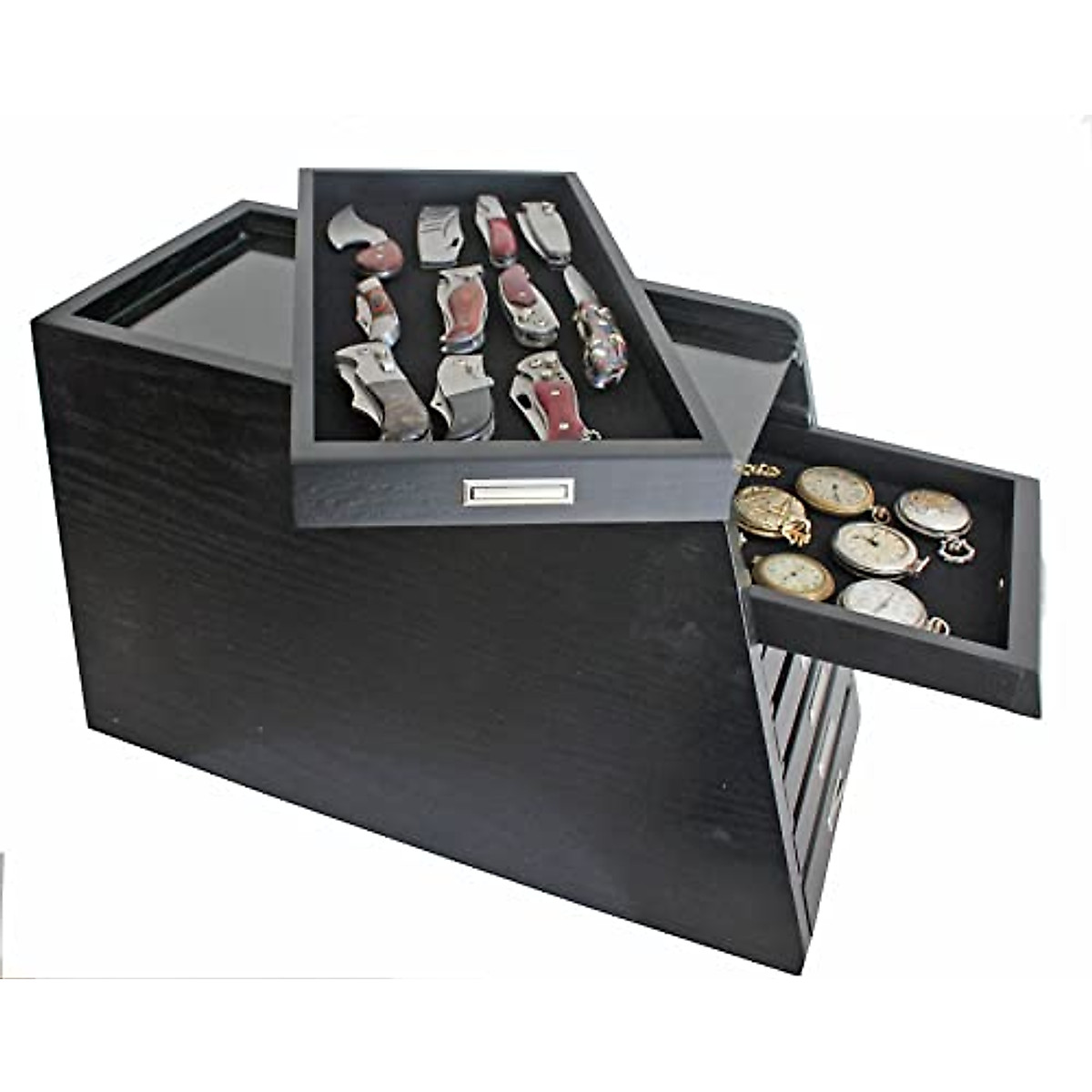 DisplayGifts Knife Storage Glass Top Display Case Holder Tool Storage Cabinet with Felt Bottom Drawers Black