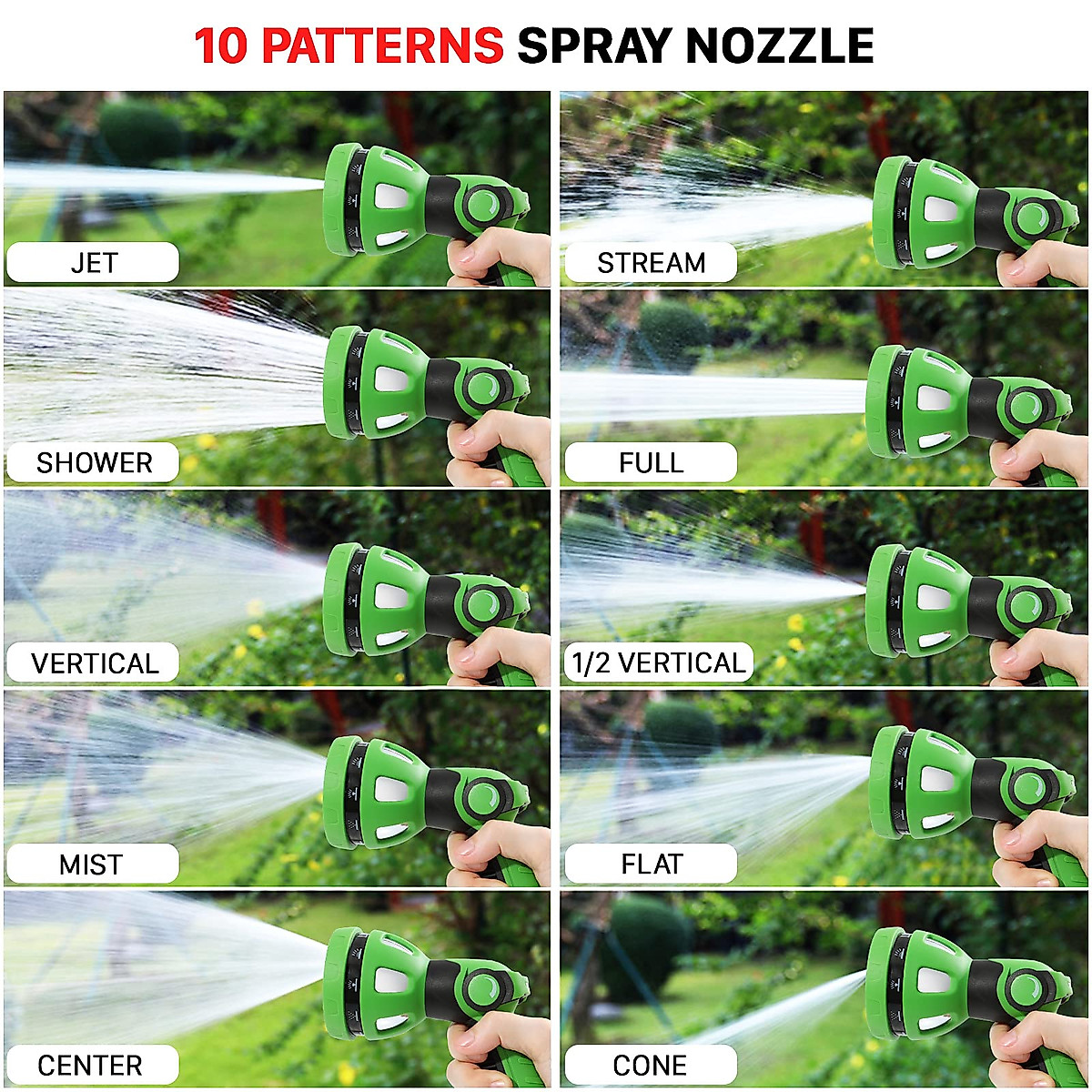 Garden Hose Nozzle, 10 Patterns Metal Water Hose Nozzle Heavy Duty Hose Spray Nozzle with Thumb Control for Watering Lawns,Car Washing,Bathing Pets Green